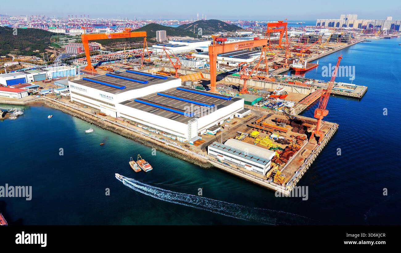 Aerial photo shows the Haixi Bay ship-building base in Qingdao City ...