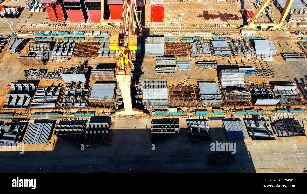 Aerial photo shows the Haixi Bay ship-building base in Qingdao City ...
