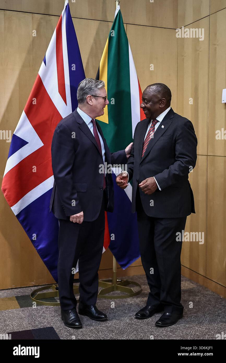 Prime Minister Sir Keir Starmer (left) is greeted by South Africa's ...