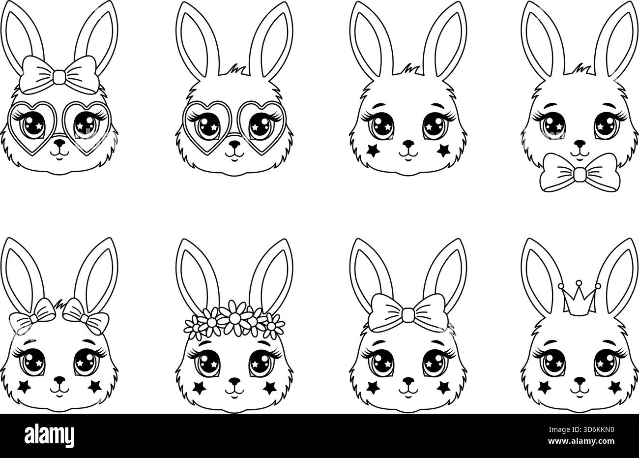 Black and white outline set of cute bunny heads, cartoon rabbits with ...