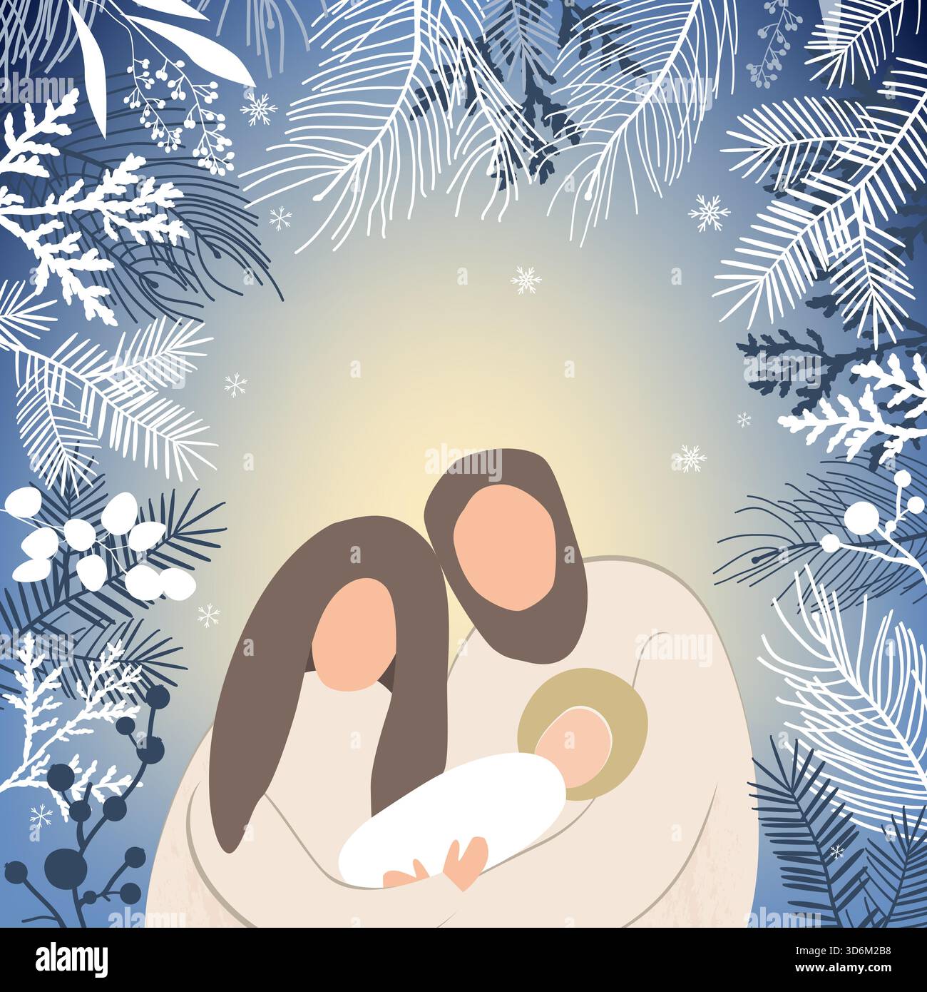 Christmas nativity scene of baby Jesus, Mary and Joseph under frosty ...