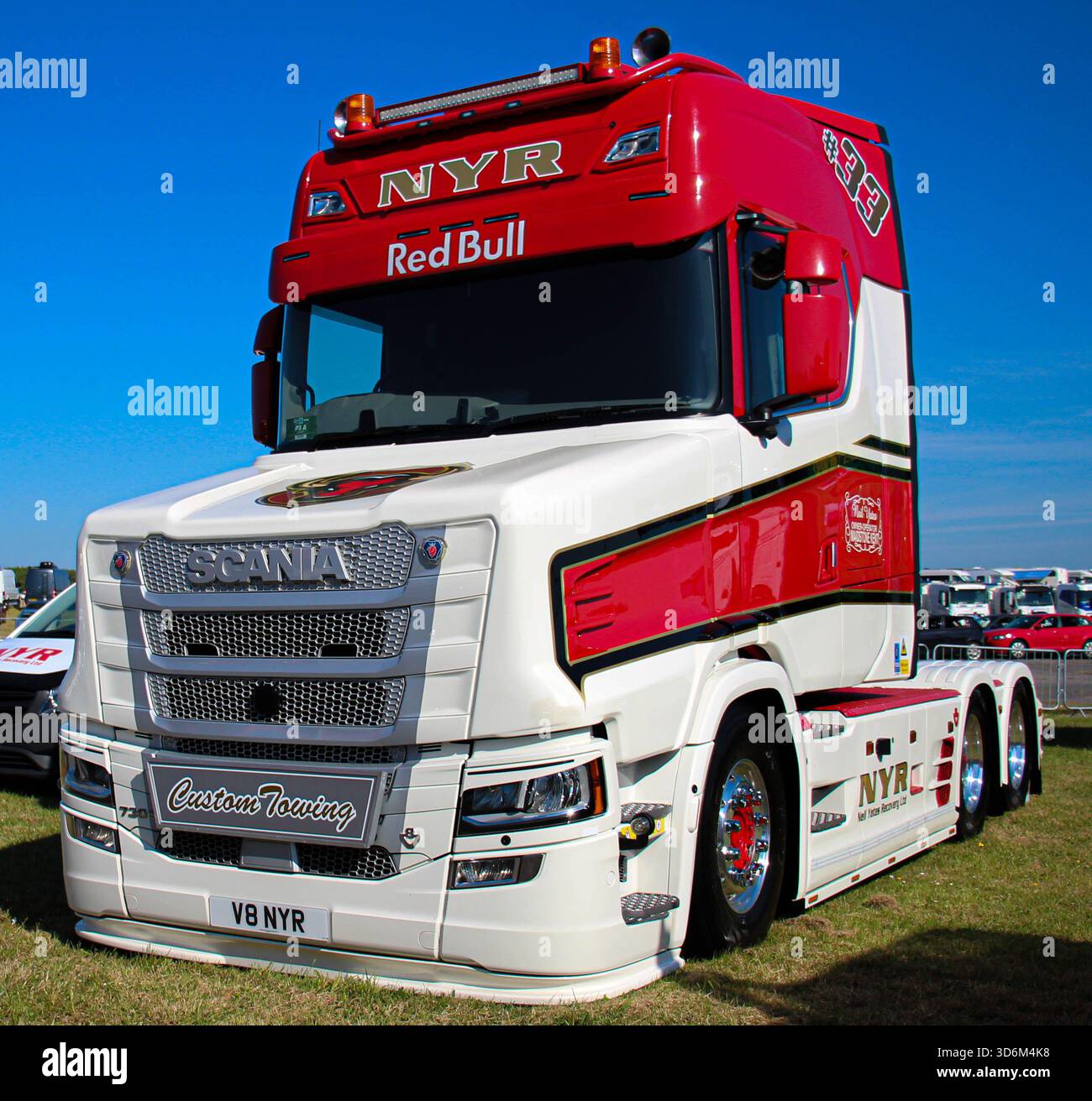 Red Bull Red & White V8 SCANIA truck Stock Photo - Alamy