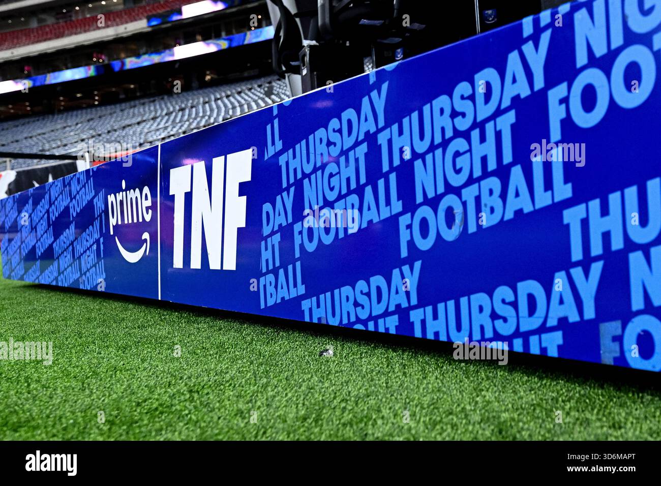 The Amazon Prime Thursday Night Football logo seen on the stage prior ...