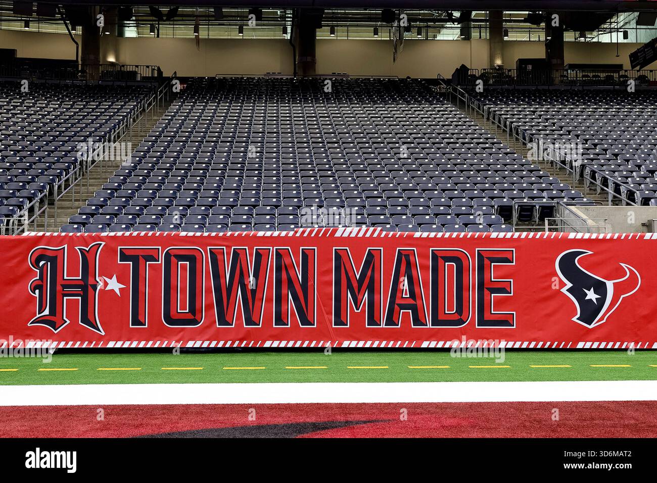 A detail view of the Houston Texans logo seen on a sideline banner ...