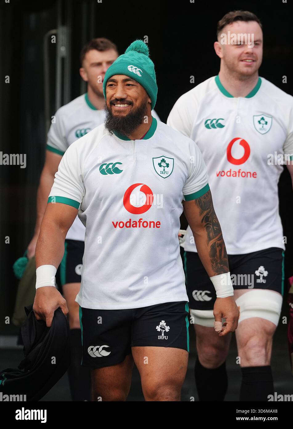 Ireland's Bundee Aki arrives for a team run at the Aviva Stadium ...