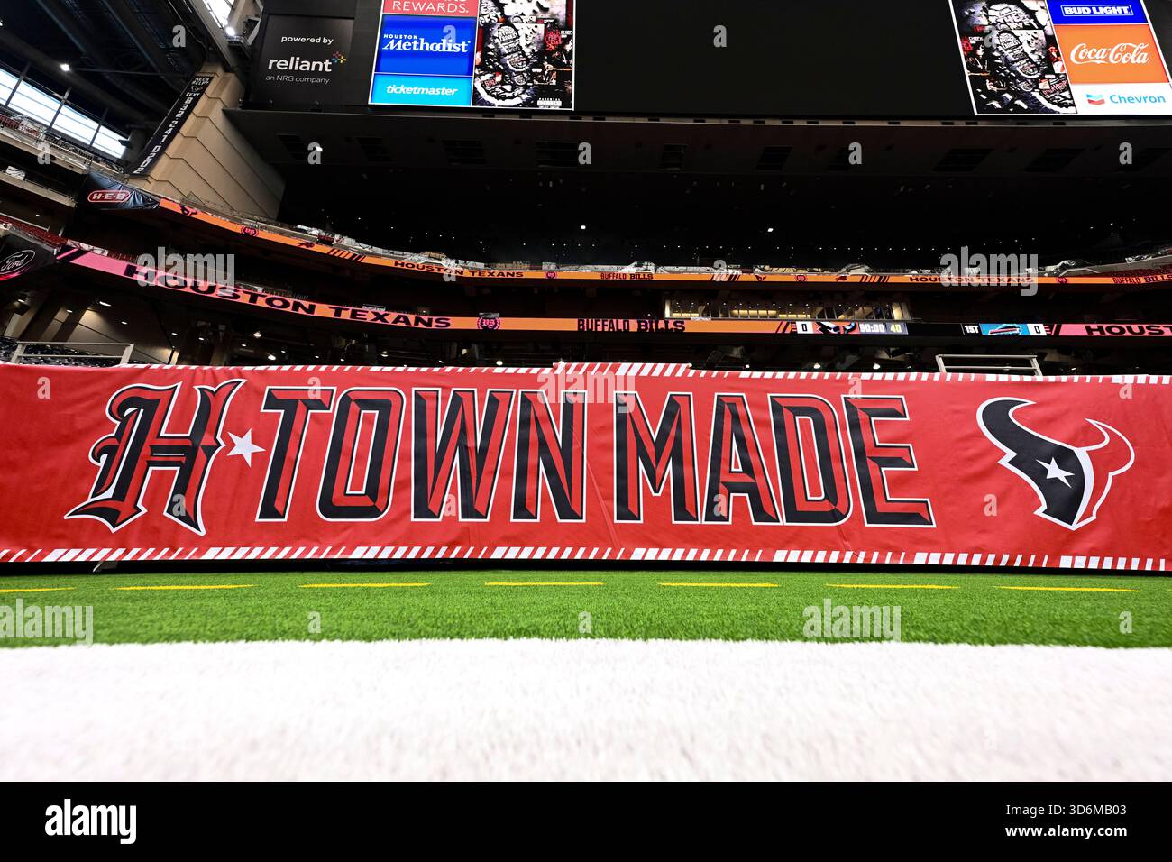 A detail view of the Houston Texans logo seen on a sideline banner ...