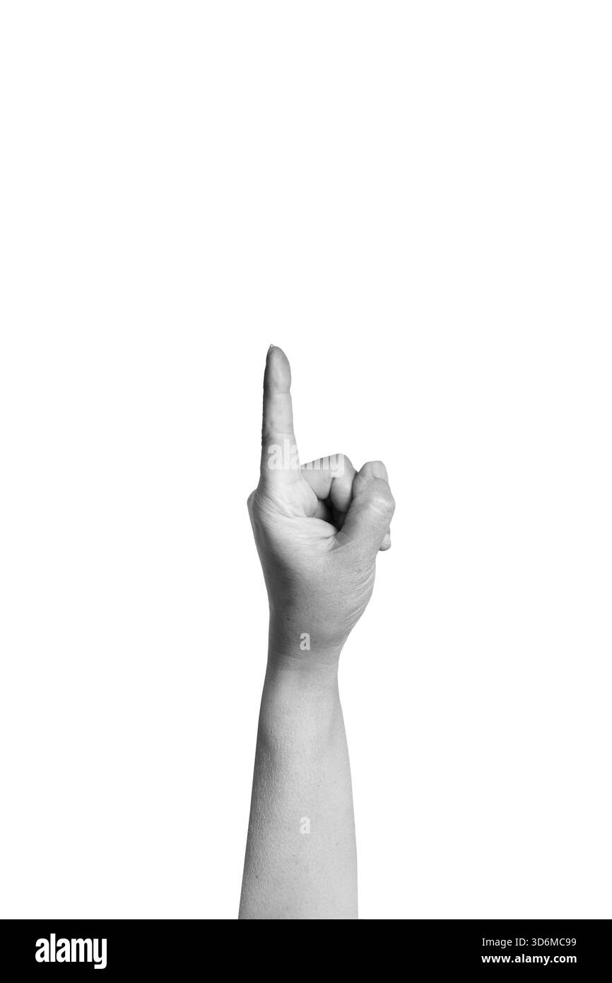 Pointing woman in gray Black and White Stock Photos & Images - Alamy