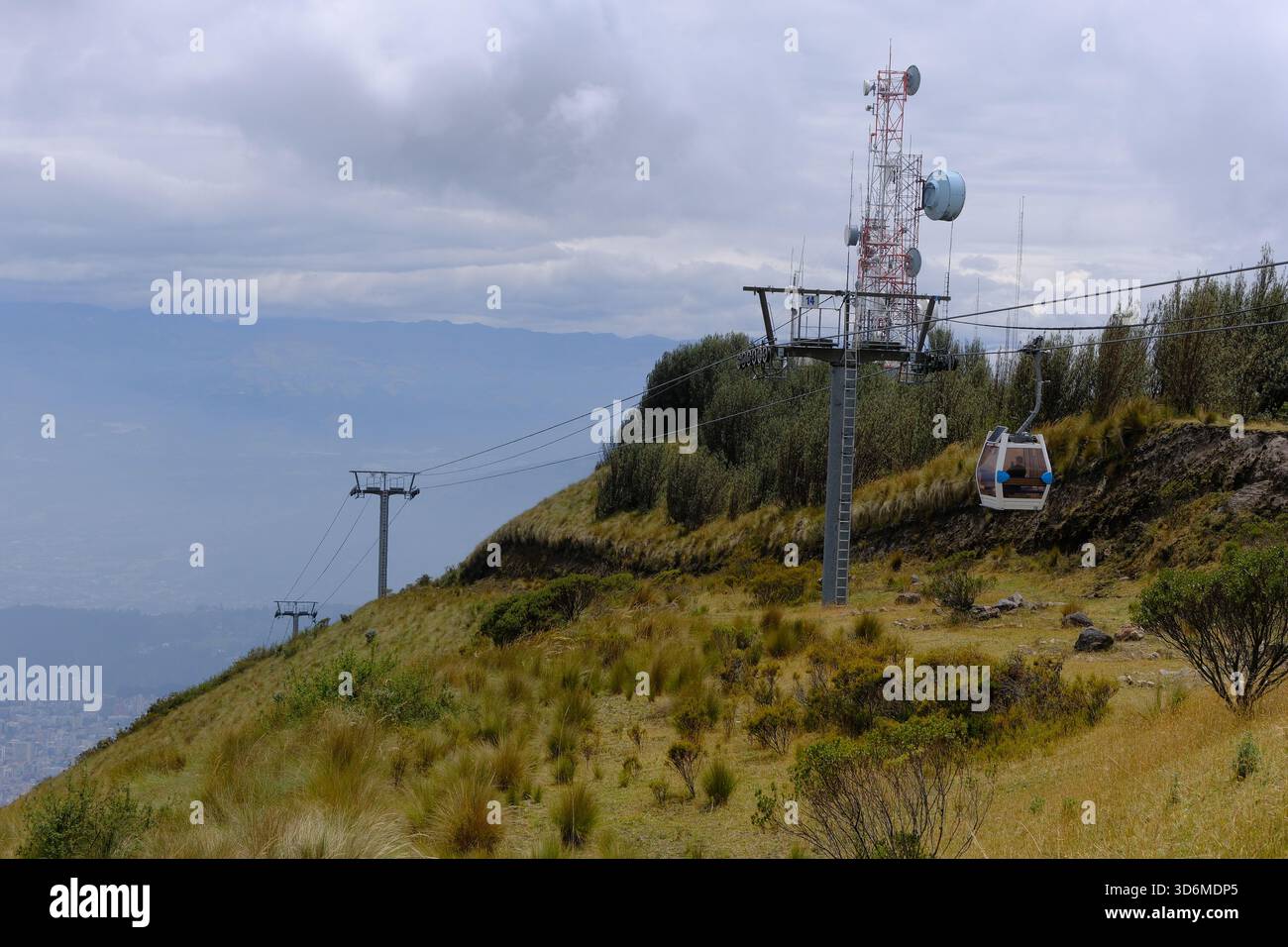 Cable car ascending the slopes of Volcán Pichincha with expansive views ...