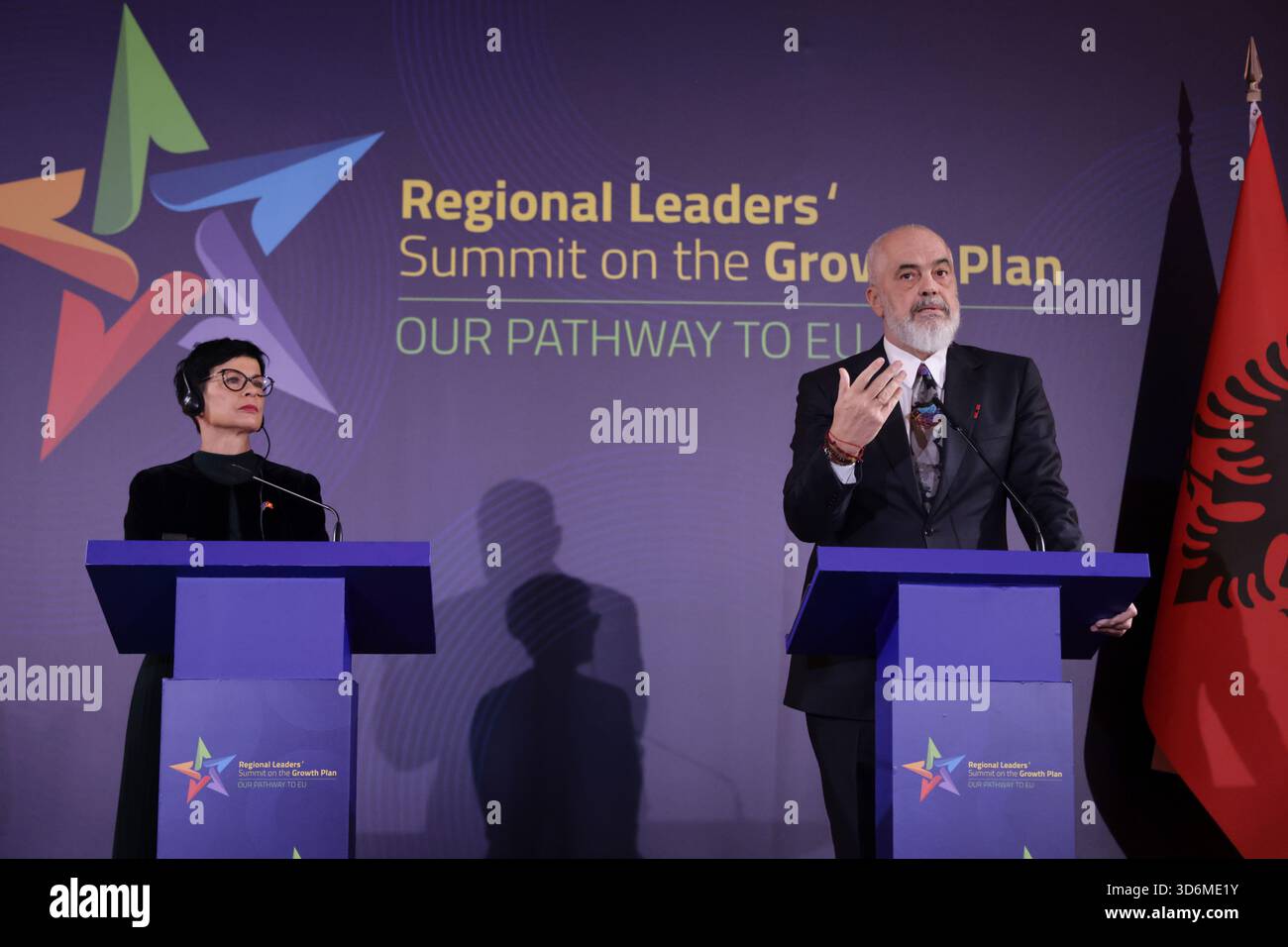 Albania's Prime Minister Edi Rama, right, and EU Commissioner for Enlargement Marta Kos join a ...