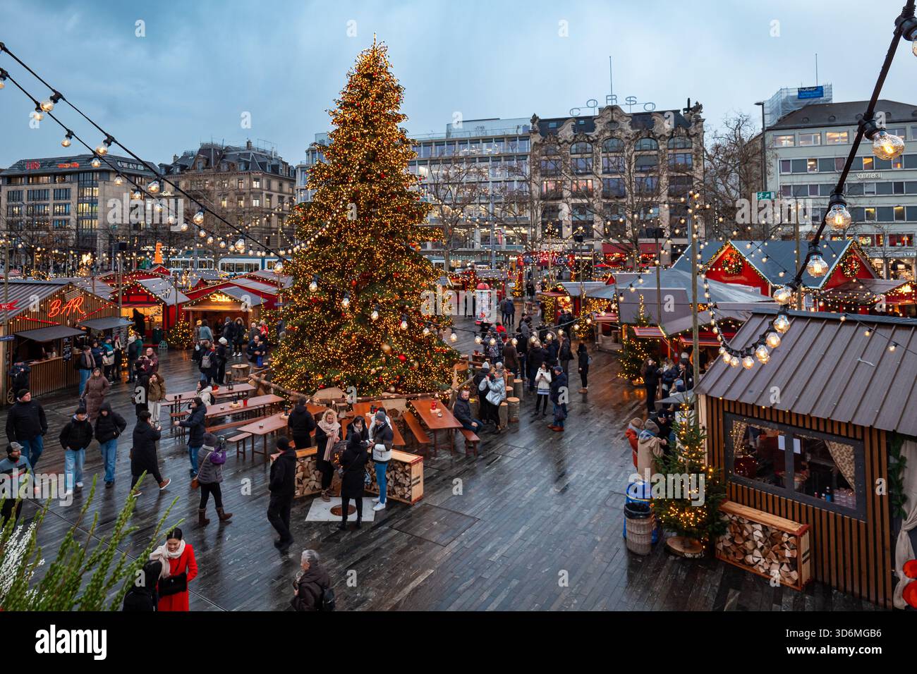 Zurich, Switzerland, November 20 2025. Tall, decorated Christmas tree ...