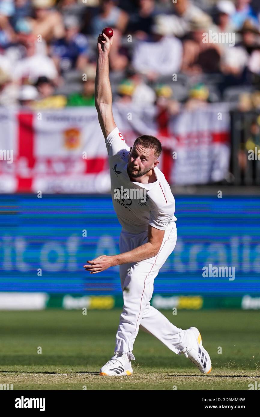 England’s Gus Atkinson bowls on day one of the first test of the NRMA ...