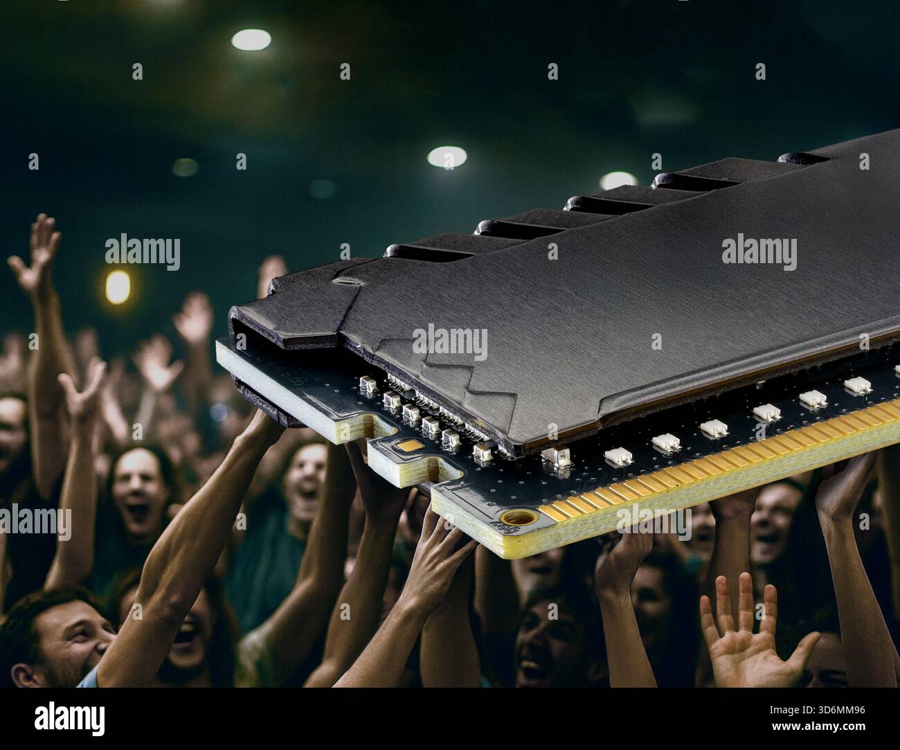 A large group of excited people raise hands with a large RAM module ...