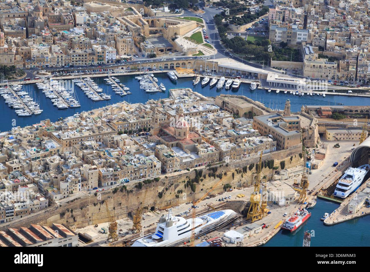 Aerial view over Floriana, No2 dockyards at St Michaels Bastion, with ...