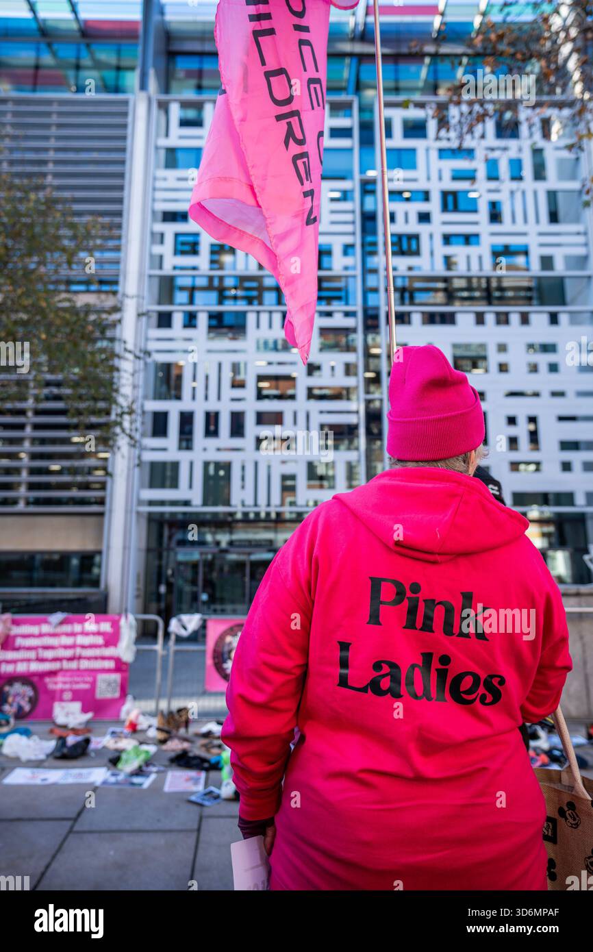 A Pink Lady holds a flag outside the Home Office. A handful of women ...