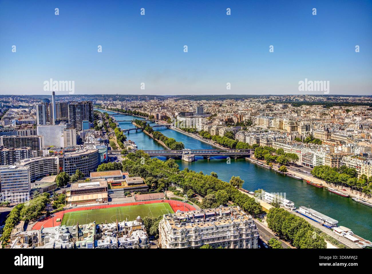 Aerial view of the River Seine and surrounding Paris districts on a ...