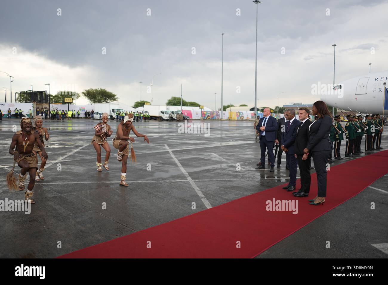 French President Emmanuel Macron, center right, watches dancers with ...