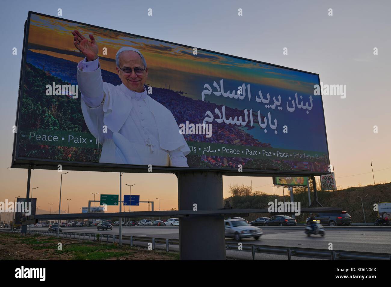 A billboard displays an image of Pope Leo XIV, ahead of his upcoming ...
