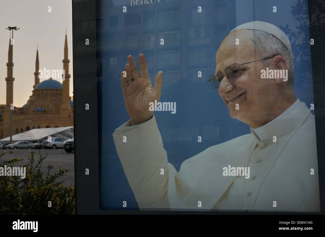 A billboard displays an image of Pope Leo XIV, ahead of his upcoming ...