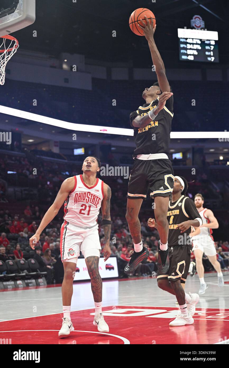 November 20, 2025: Western Michigan Broncos guard Jayden Brewer (12) shoots around Ohio State ...