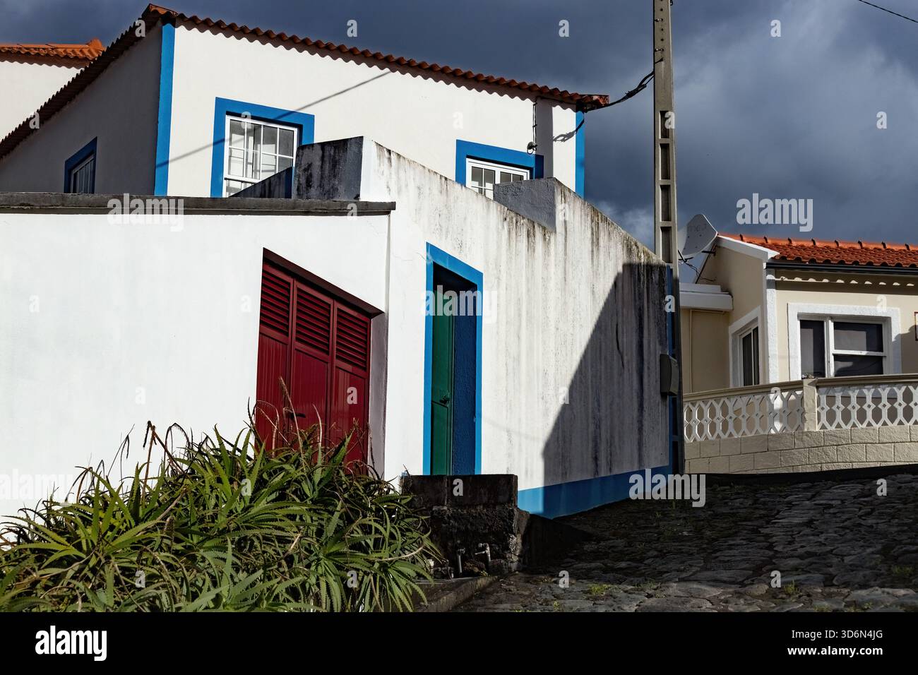 Traditional white walled house at Azores islands, Flores, Portugal ...