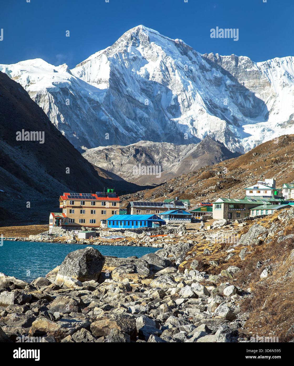 Gokyo lake and Gokyo village with mount Cho Oyu and blue sky, trek to ...