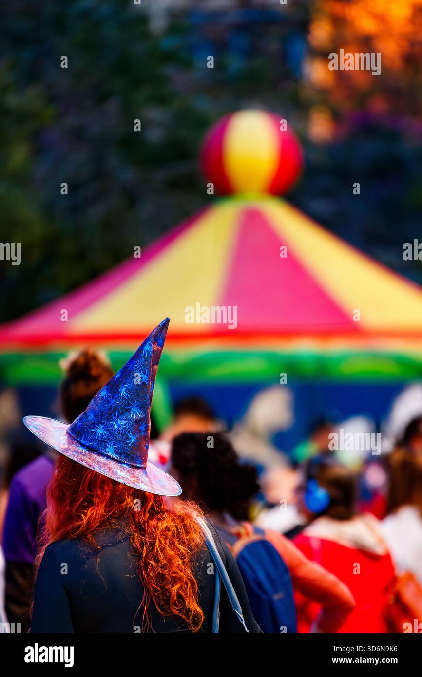 Blue Witch Hat and Carnival Tent Detail Stock Photo - Alamy
