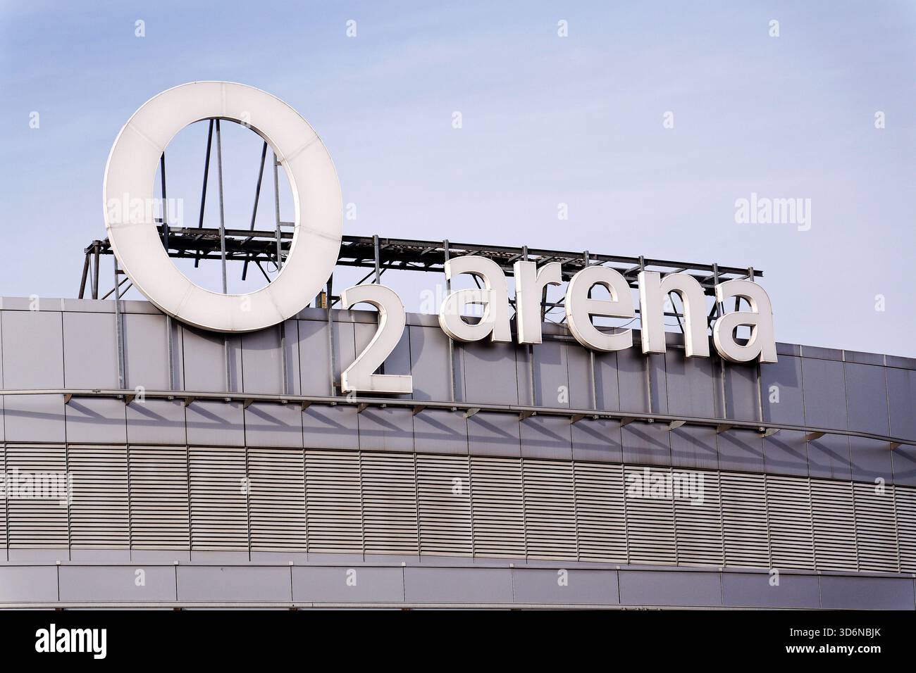 Daylight exterior of the O2 Arena multi-purpose building with logo on ...
