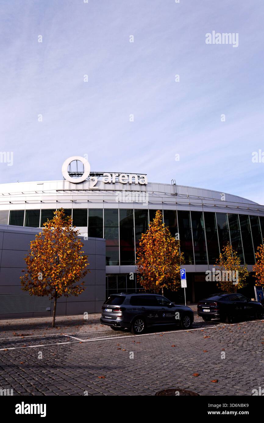 Daylight exterior of the O2 Arena multi-purpose building with logo on ...