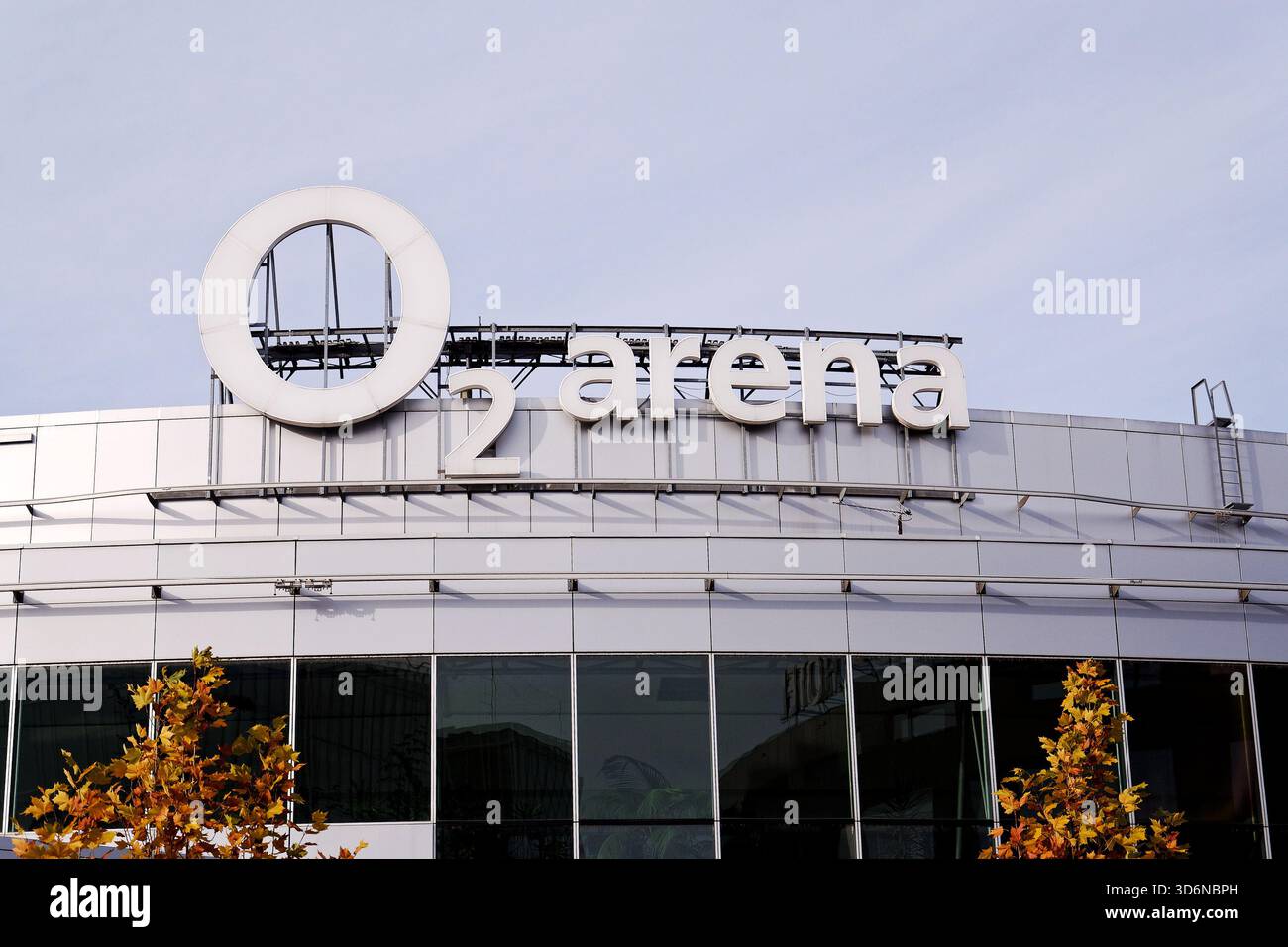 Daylight exterior of the O2 Arena multi-purpose building with logo on ...