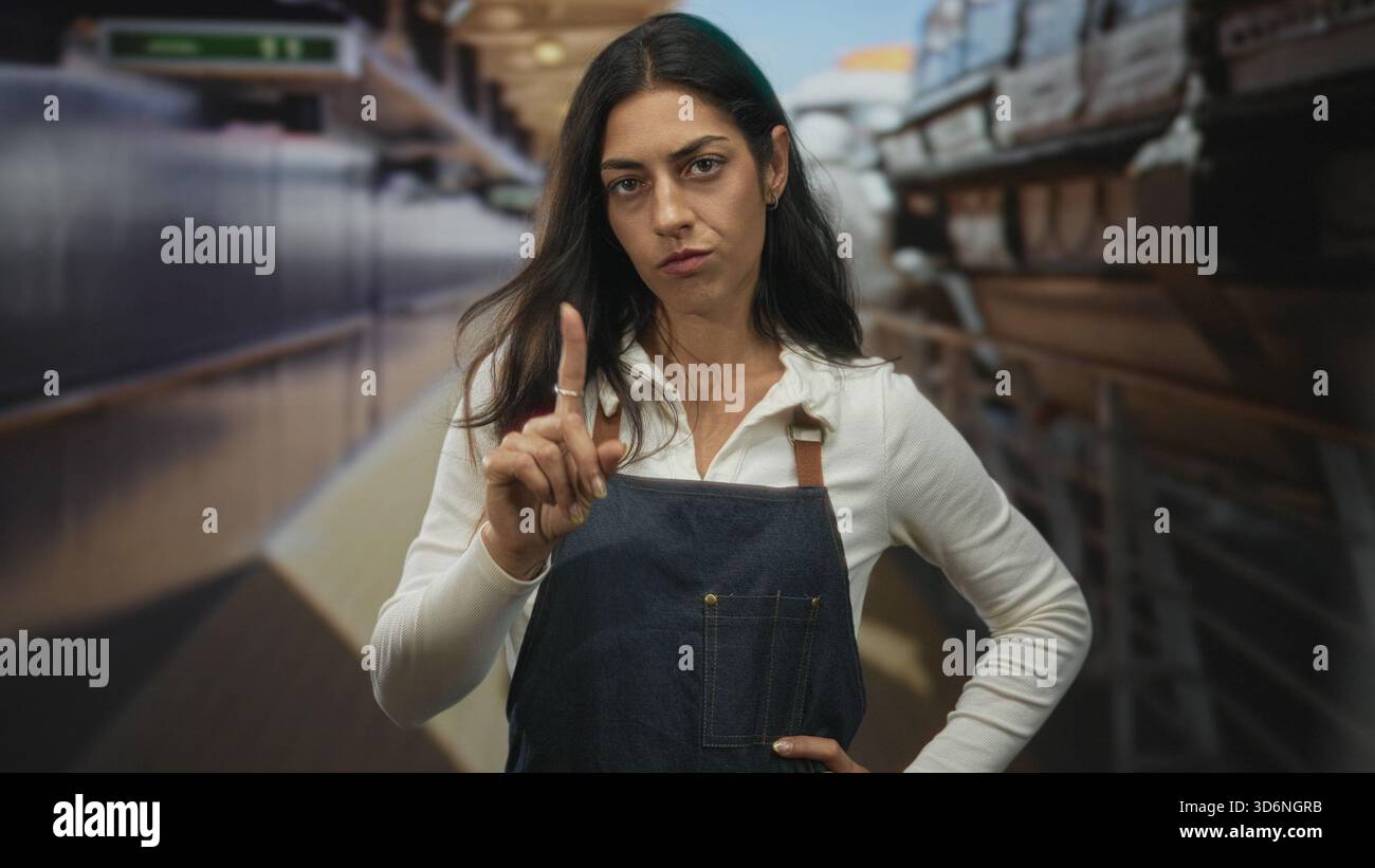 Woman points finger with one hand and stands hands on hips in a station ...