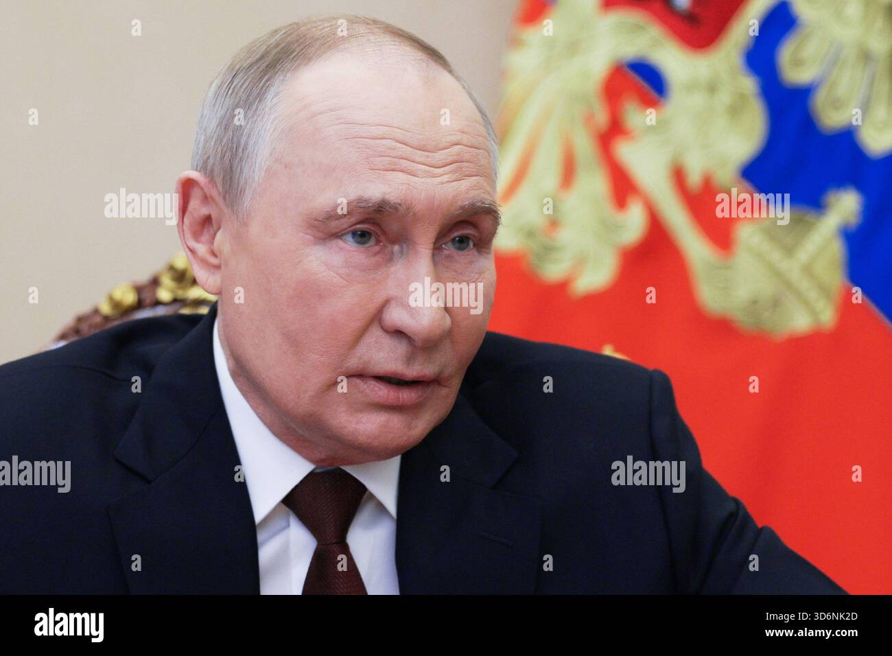 Russian President Vladimir Putin chairs the Security Council meeting via videoconference at the ...
