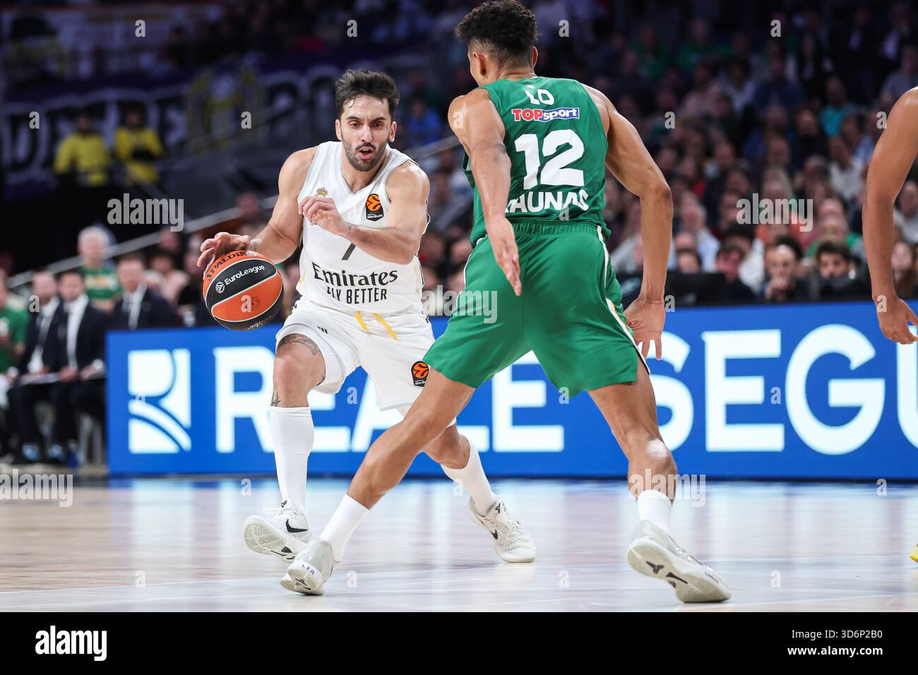 Facundo Campazzo of Real Madrid and Maodo Lo of Zalgiris Kaunas during ...