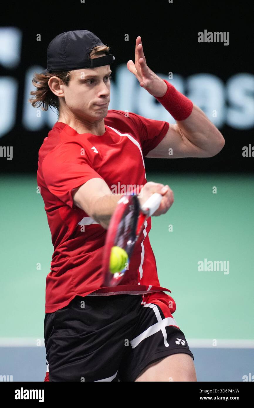 Zizou Bergs in action during the Davis Cup Finals 2025 Semifinals match between Flavio Cobolli ...
