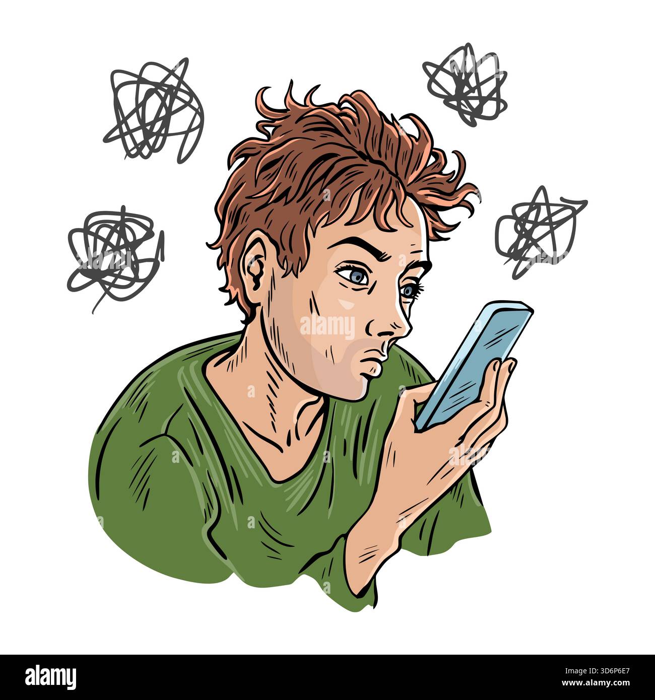 Vector illustration of a young man exhausted and absorbed by his ...