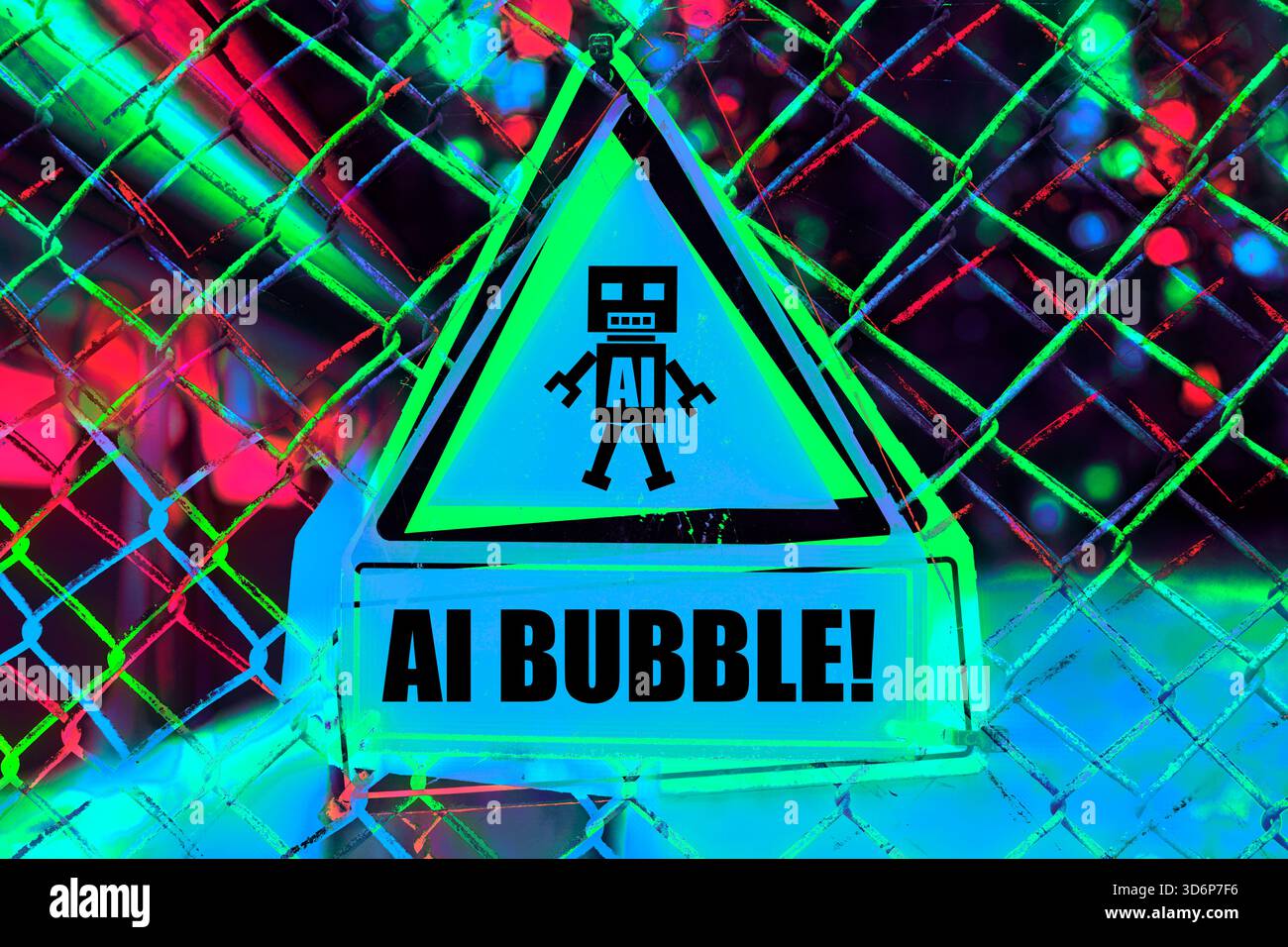 FOTOMONTAGE, Warnschild mit Roboterfigur und Aufschrift AI Bubble ...