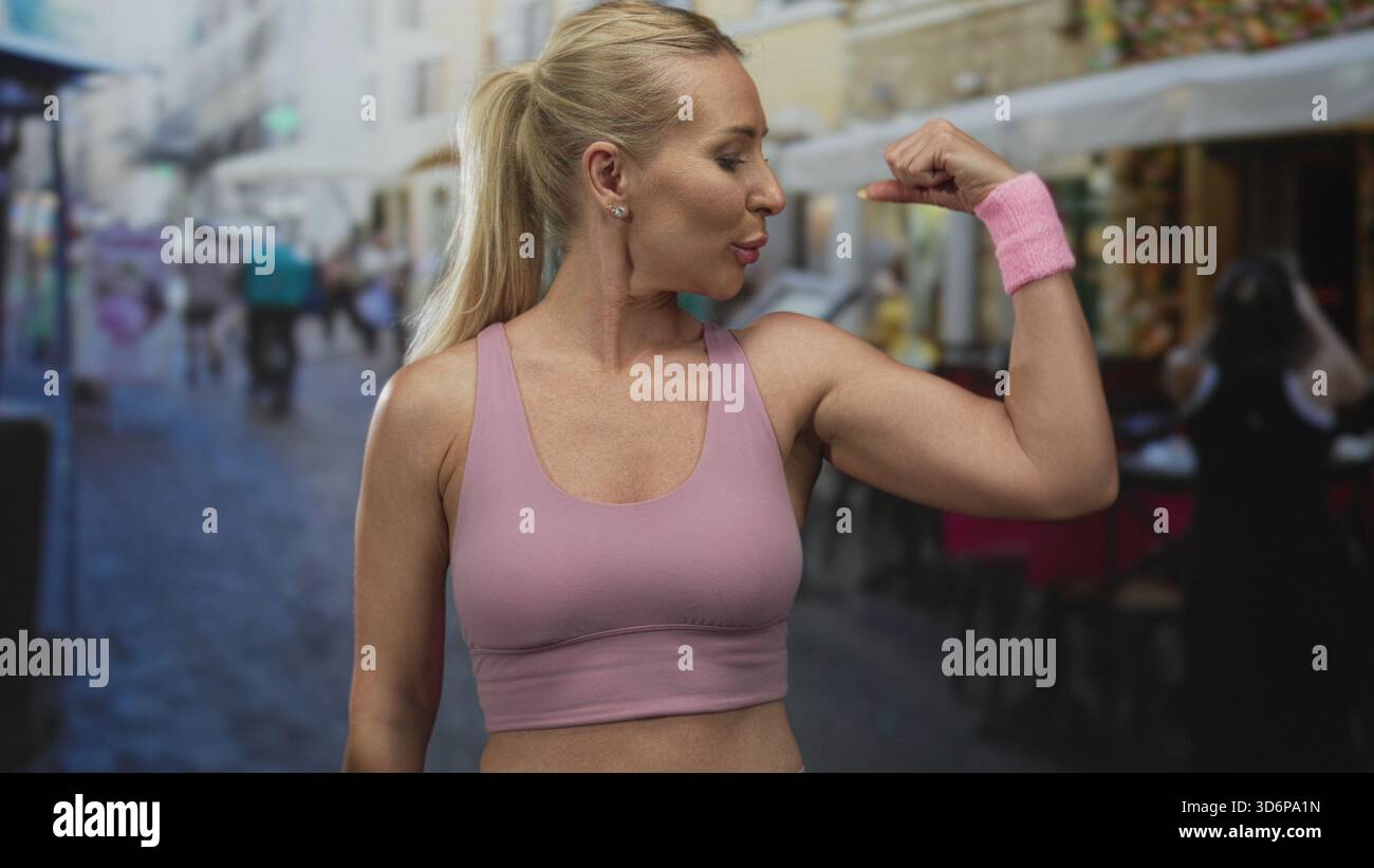 Woman flexes bicep tilts head hi-res stock photography and images - Alamy