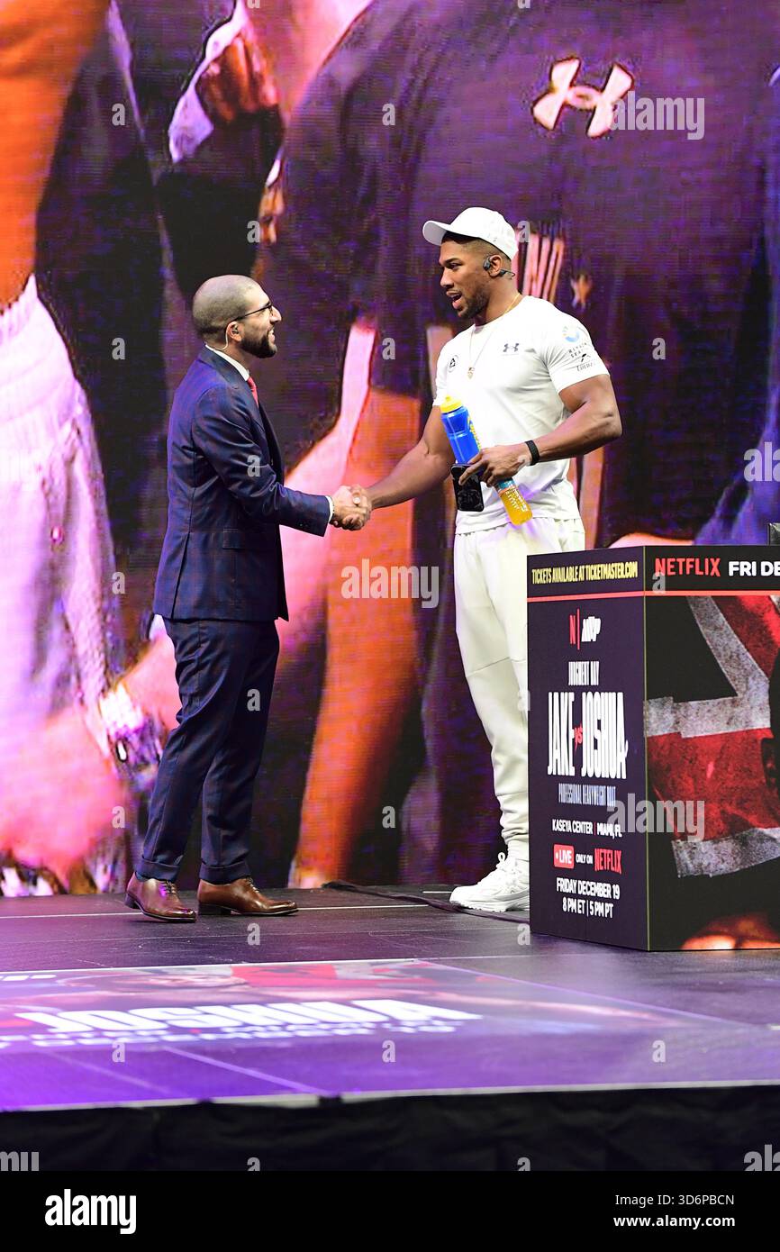 Ariel Helwani greets Anthony Joshua during a press conference at the ...