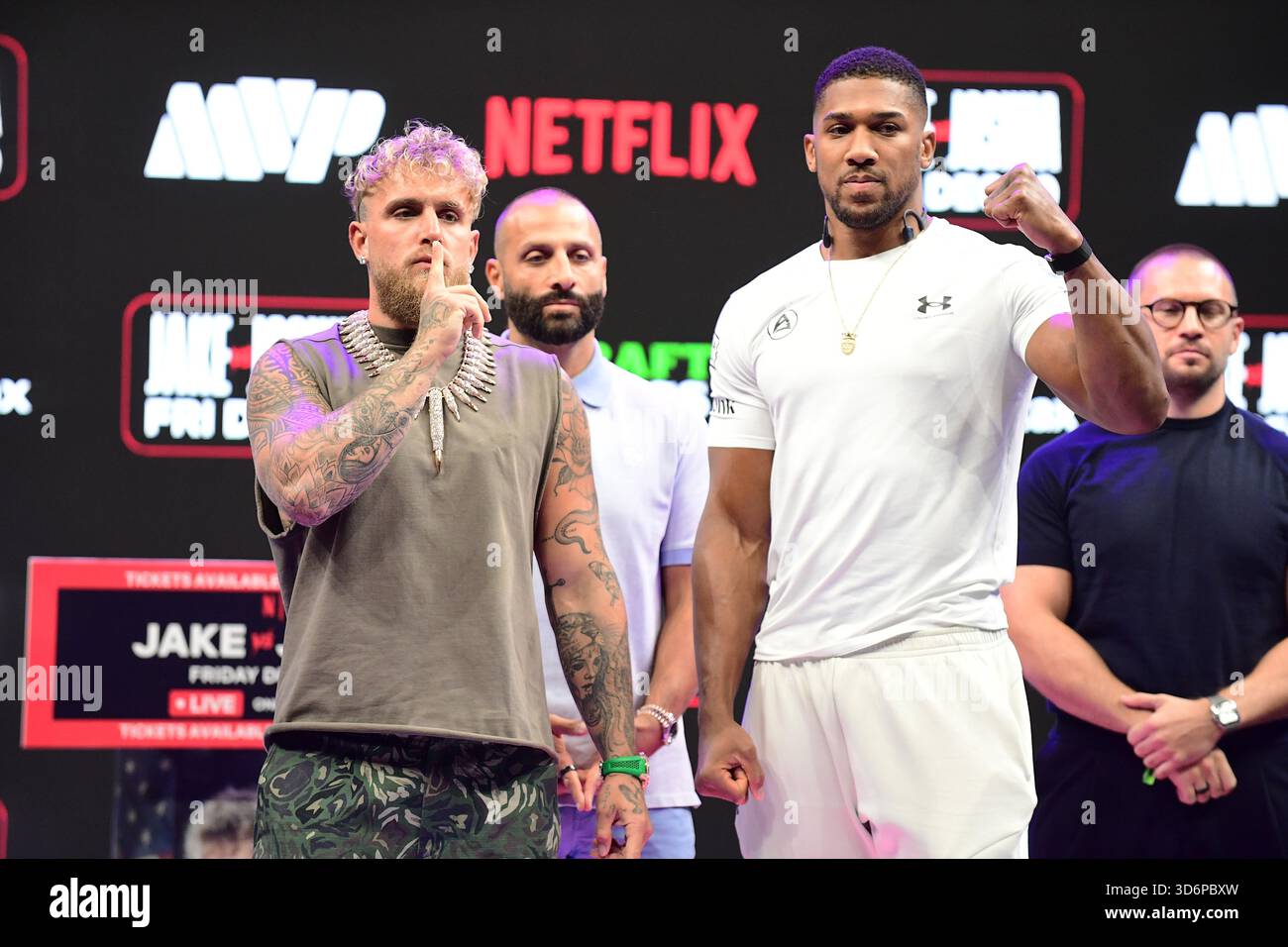 Jake Paul and Anthony Joshua pose for photos during the press ...