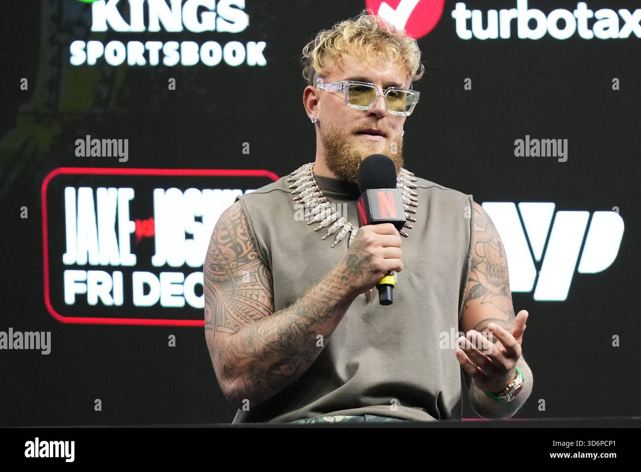 Jake Paul speaks during a news conference with Anthony Joshua promoting ...