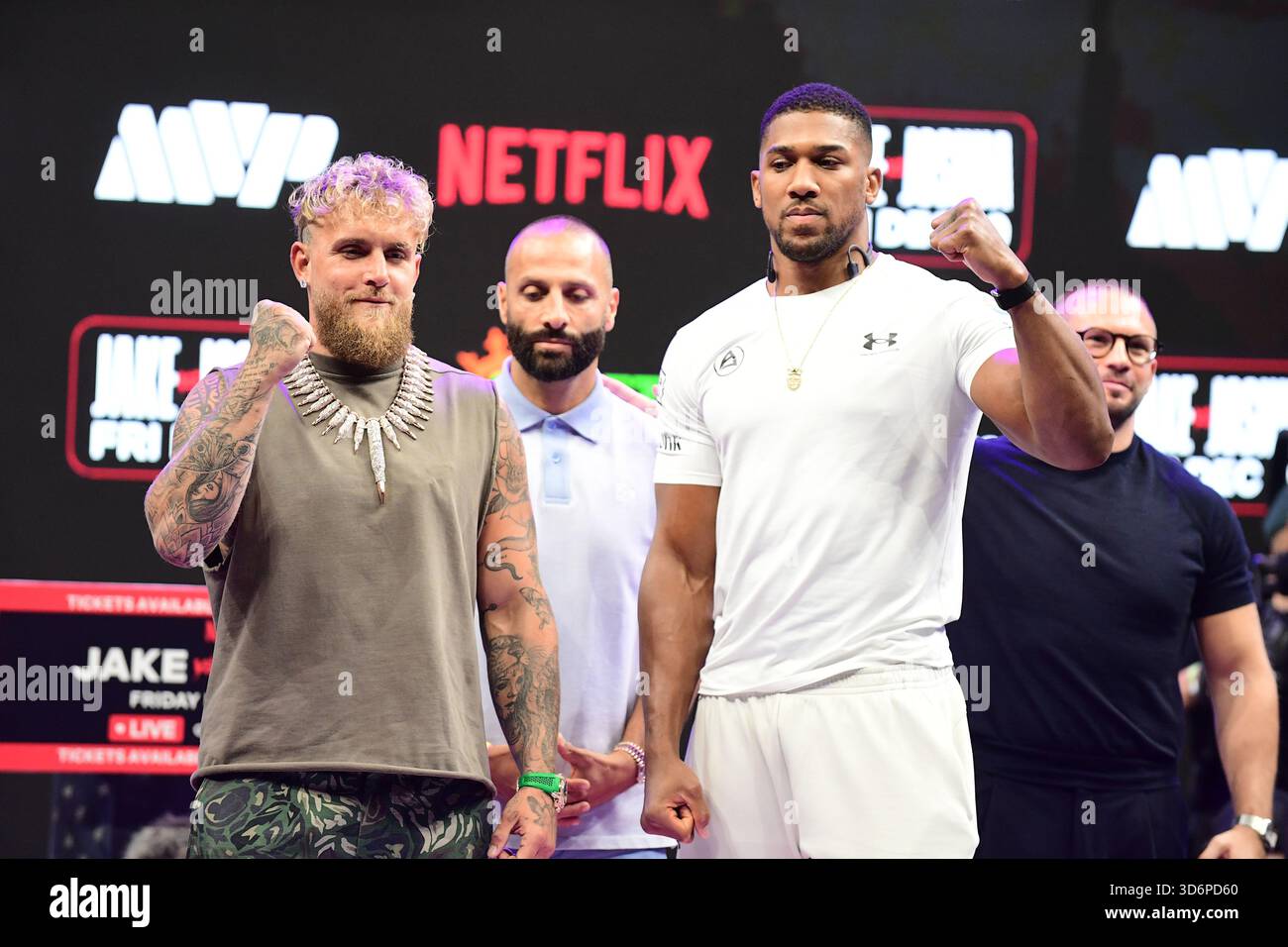 Jake Paul and Anthony Joshua pose for photos during the press ...