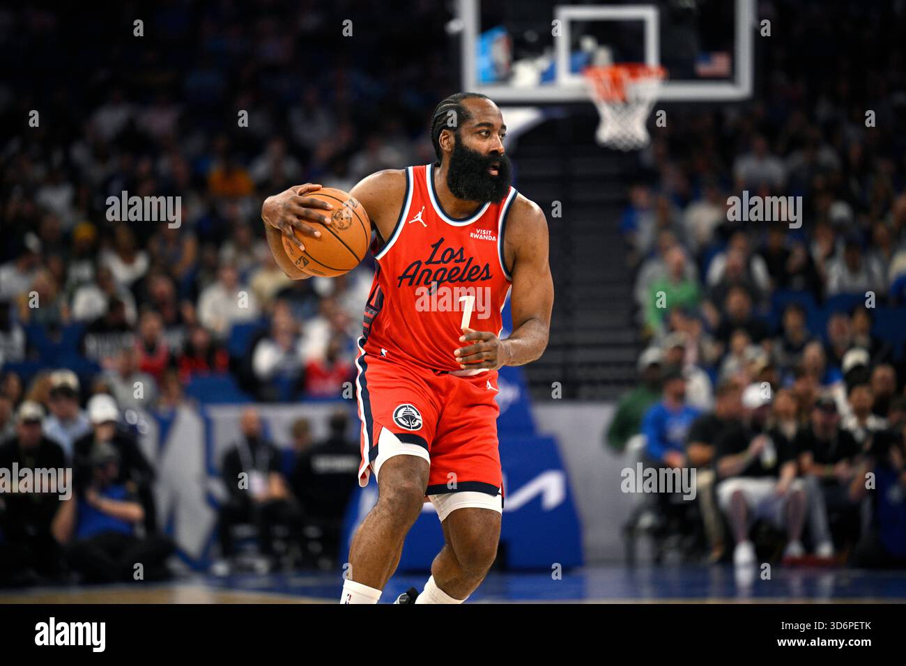 Los Angeles Clippers guard James Harden (1) controls the ball against ...