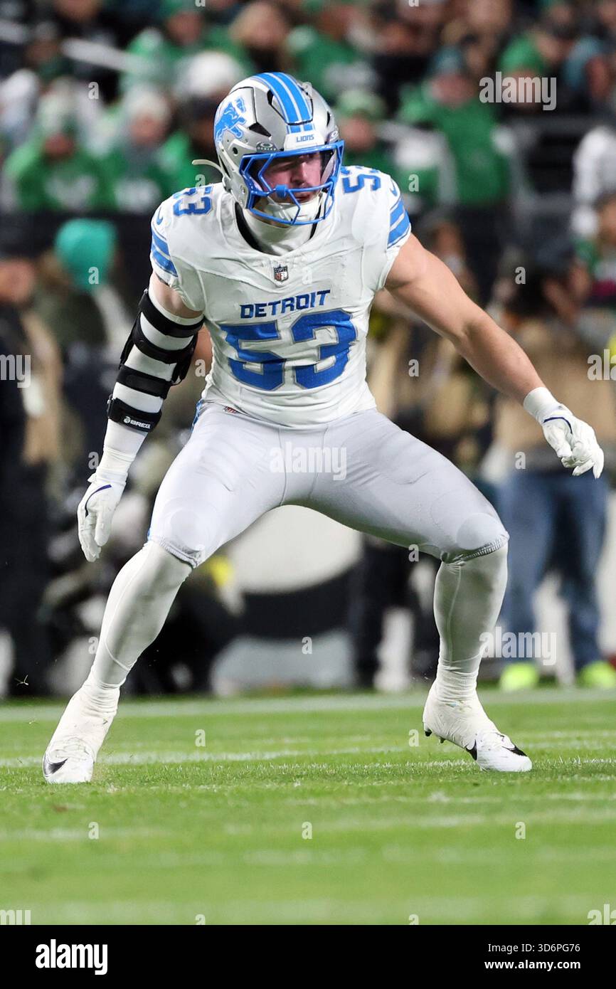 Detroit Lions linebacker Trevor Nowaske (53) rushes during an NFL ...