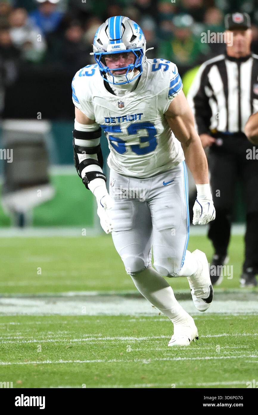 Detroit Lions linebacker Trevor Nowaske (53) rushes during an NFL ...