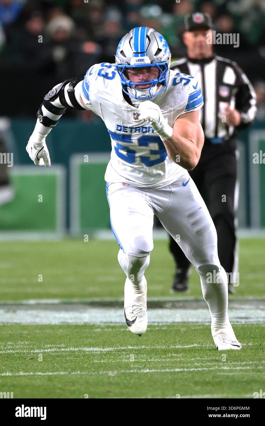 Detroit Lions linebacker Trevor Nowaske (53) rushes during an NFL ...