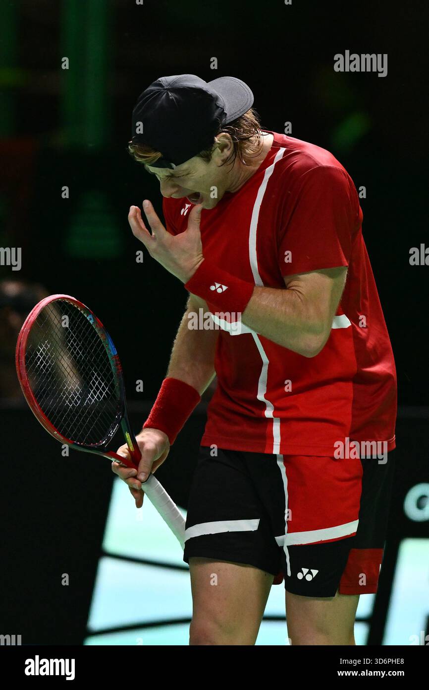 Zizou Bergs of Belgium desperate for defeat of the Davis Cup Semi-Final match between Flavio ...