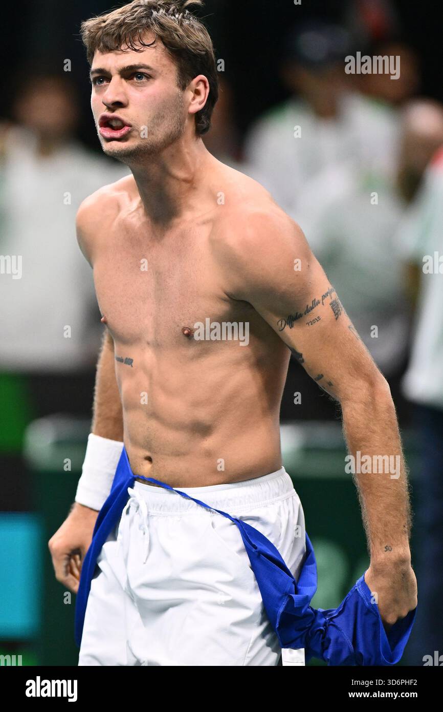 Flavio Cobolli of Italy celebrate the victori of the Davis Cup Semi-Final match between Flavio ...