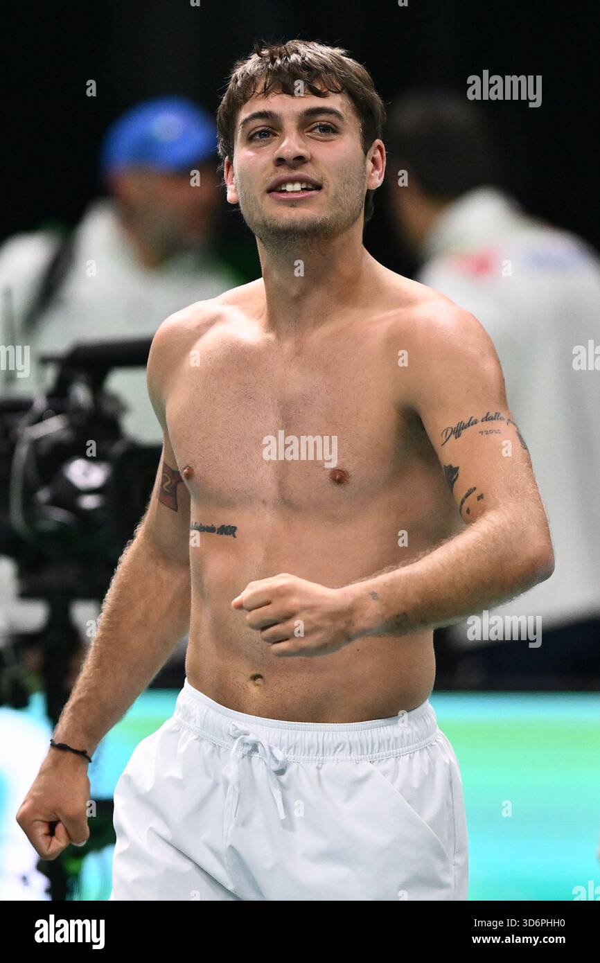 Flavio Cobolli of Italy celebrate the victori of the Davis Cup Semi-Final match between Flavio ...