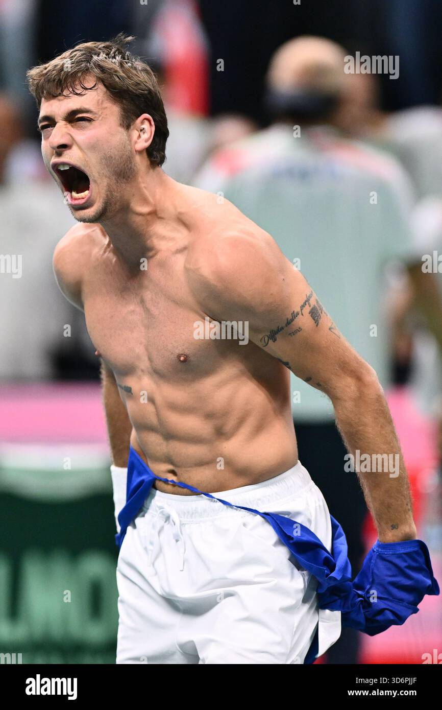 Flavio Cobolli of Italy celebrate the victori of the Davis Cup Semi-Final match between Flavio ...
