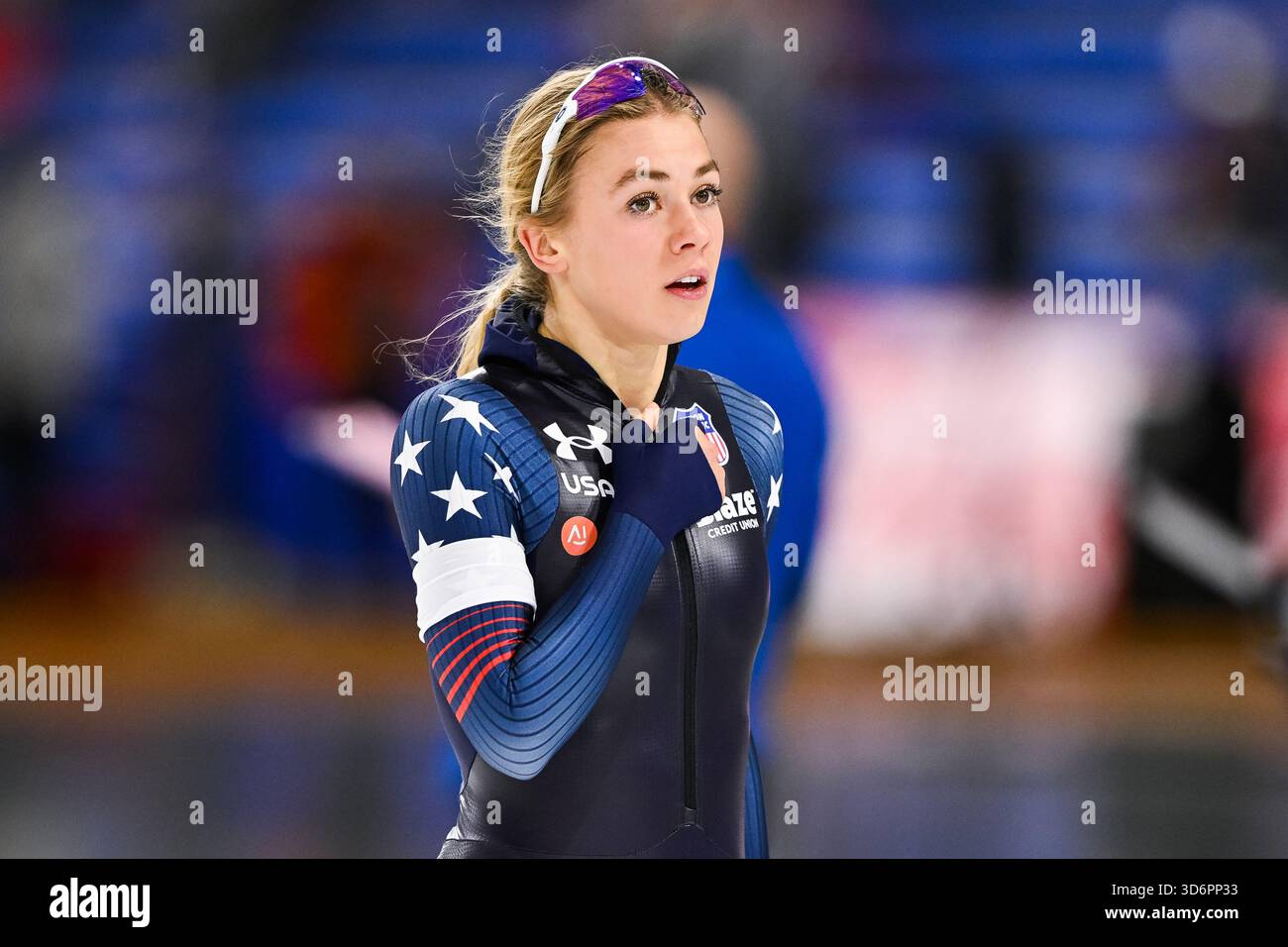 CALGARY, AB - NOVEMBER 21: Greta Myers (USA) cools down after the 3000m ...