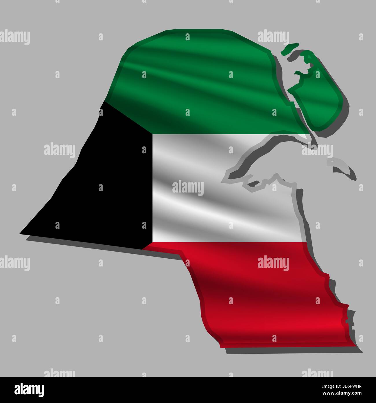 Waving vector abstract flag of Kuwait in map shape with shadow Stock ...